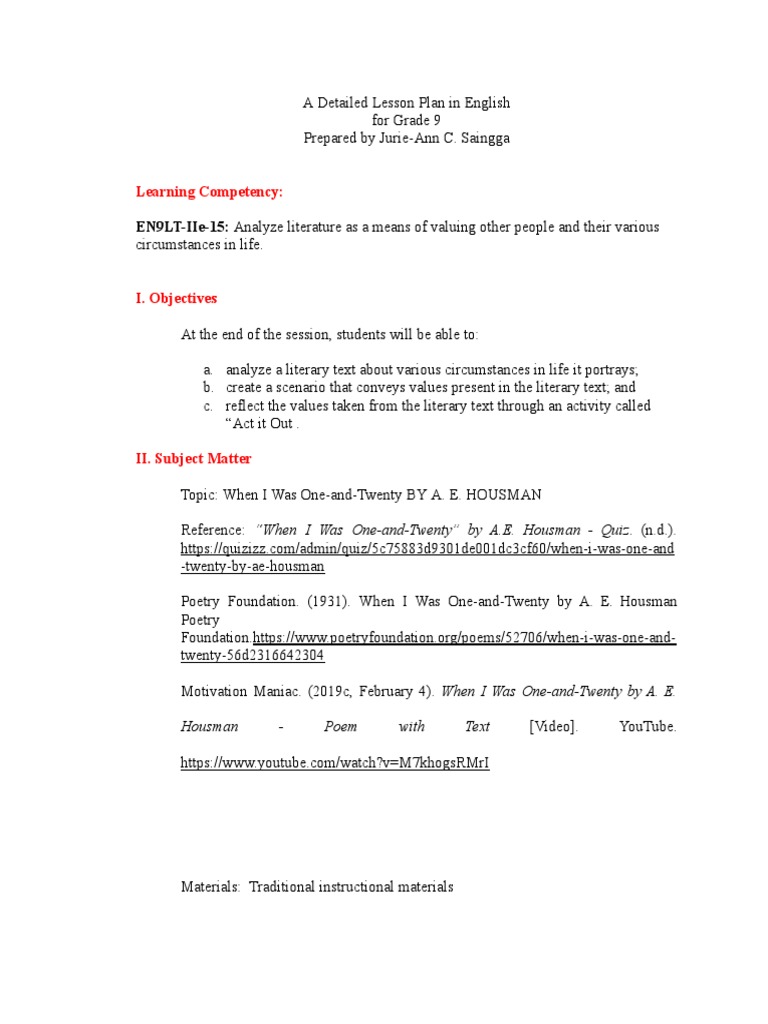 Analyzing Housman's "When I Was One-and-Twenty" | PDF | Pearl | Lesson Plan