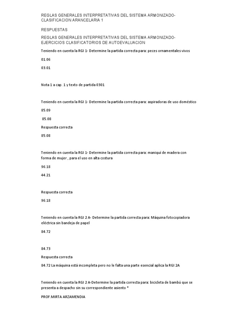 Respuestas Reglas Generales Interpretativas Del Sistema Armonizado - Ejercicios Clasificatorios ...
