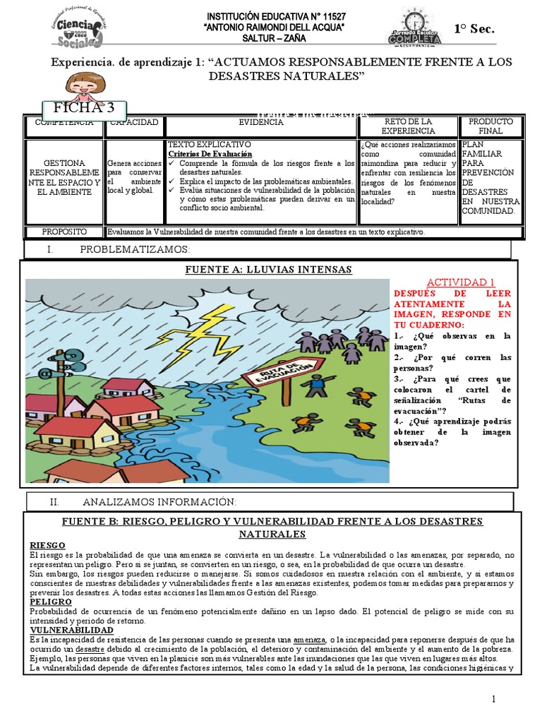 1° - CCSS - Ficha 3 - Eda 1 - Actuamos Responsablemente Frente A Los Desastres Naturales | PDF ...