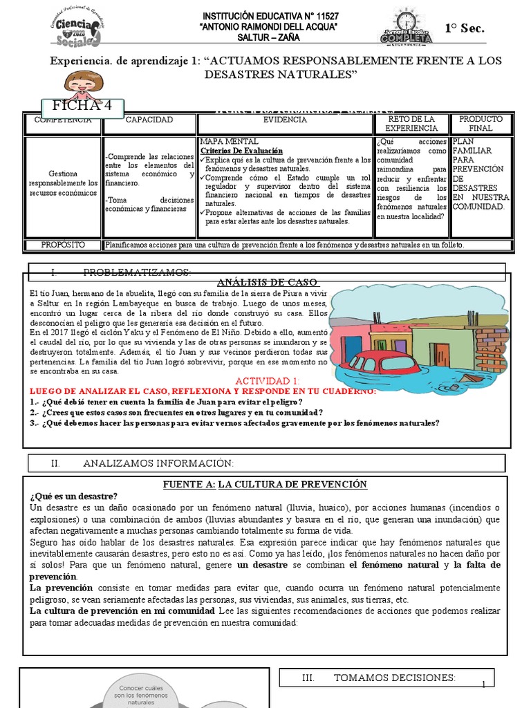 1° - CCSS - Ficha 4 - Eda 1 - Actuamos Responsablemente Frente A Los Desastres Naturales | PDF ...