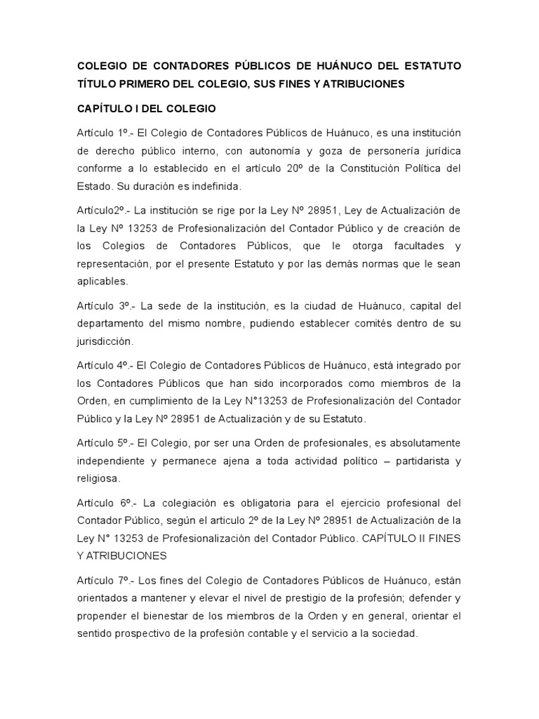 Estatuto del Colegio de Contadores Huánuco | PDF | Contador | Contabilidad