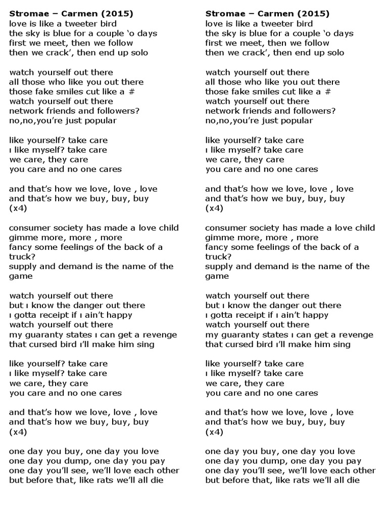Letra Stromae Carmen 2 Colunas | PDF