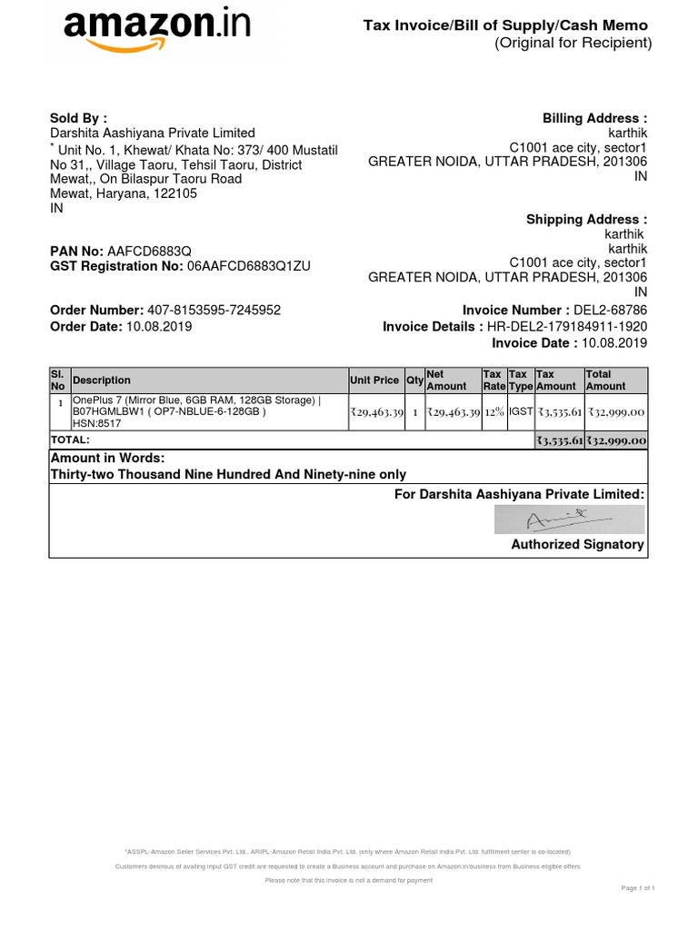 Amazon Invoice for Darshita Aashiyana | PDF | Invoice | Economies