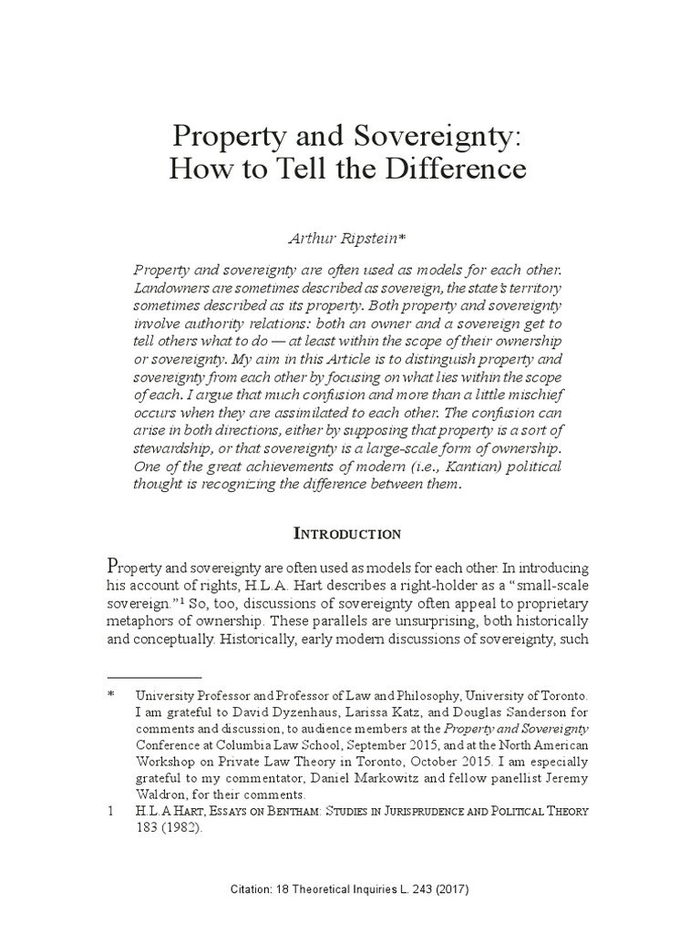 Property and Sovereignty - Arthur Ripstein | PDF | Sovereignty | Property