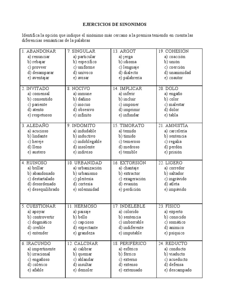 EJERCICIOS DE SINONIMOS