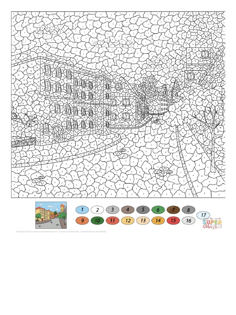 Old Town Street Color by Number - Free Printable Coloring Pages | PDF