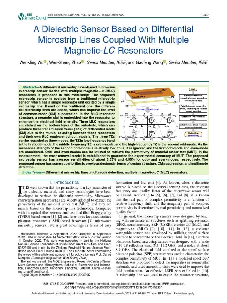 1-A Dielectric Sensor Based On Differential Microstrip Lines Coupled With Multiple Magnetic-LC ...