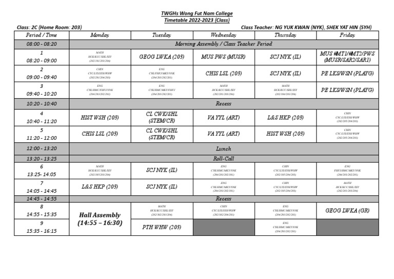 2C - Class Timetable - 22-23 | PDF