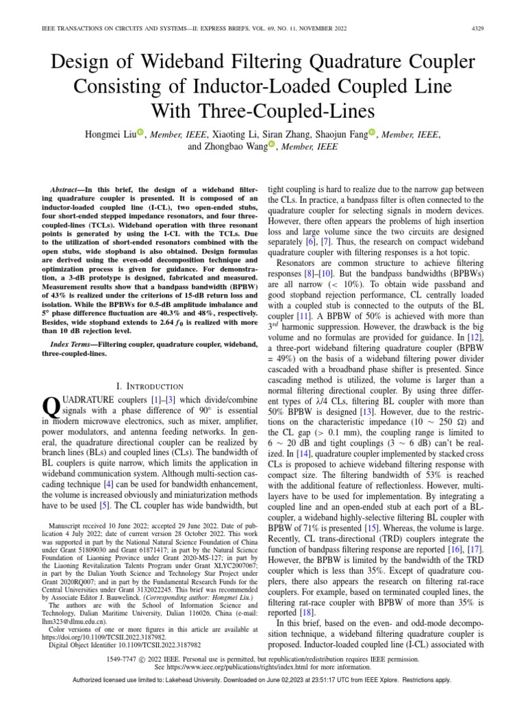 1-Design of Wideband Filtering Quadrature Coupler Consisting of Inductor-Loaded Coupled Line ...
