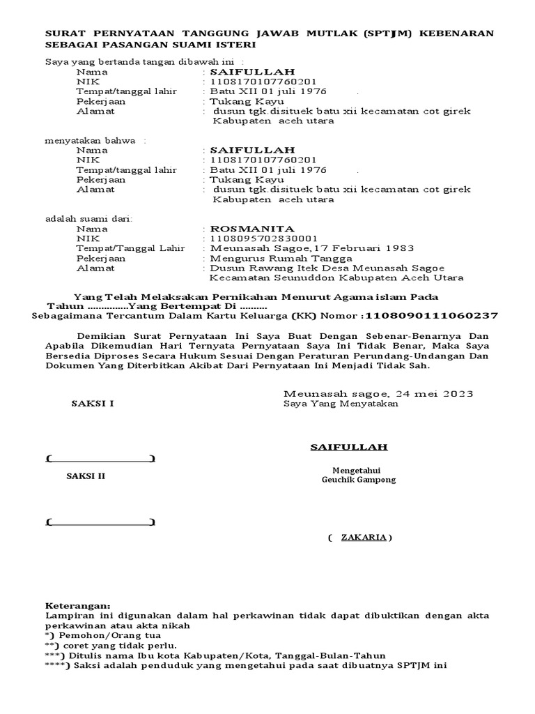 SPTJM Kebenaran Pasangan Suami Istri | PDF