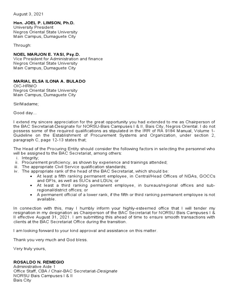 Resignation Letter As BAC Sec | PDF | Finance & Money Management