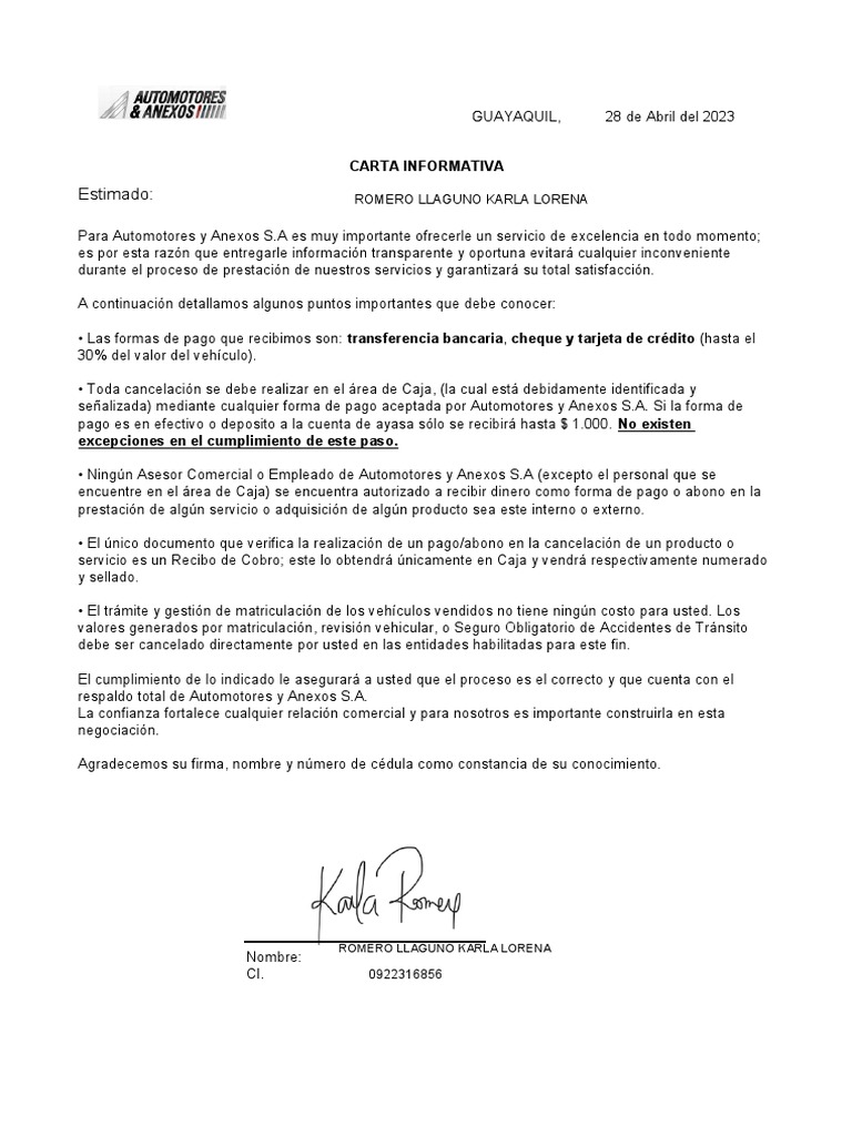 CARTA INFORMATIVA FORMA DE PAGO | PDF