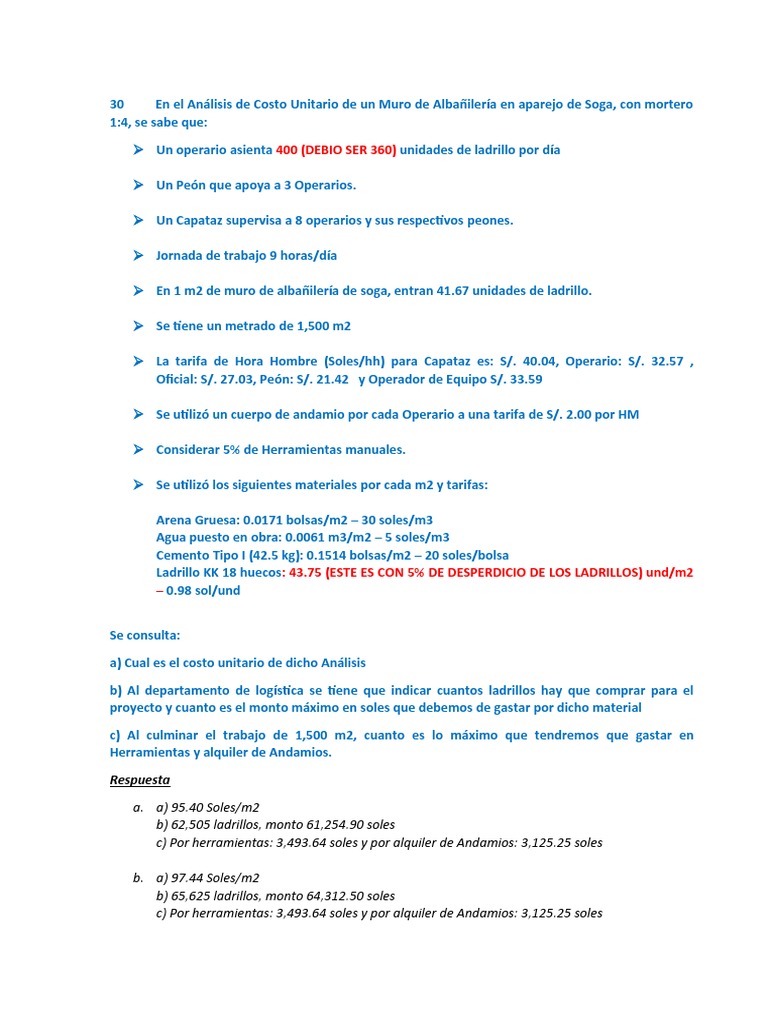 Examen de Costo Unitario | PDF | Ladrillo | Albañilería