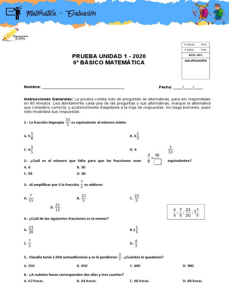Prueba de Fracciones y N. Mixtos | PDF
