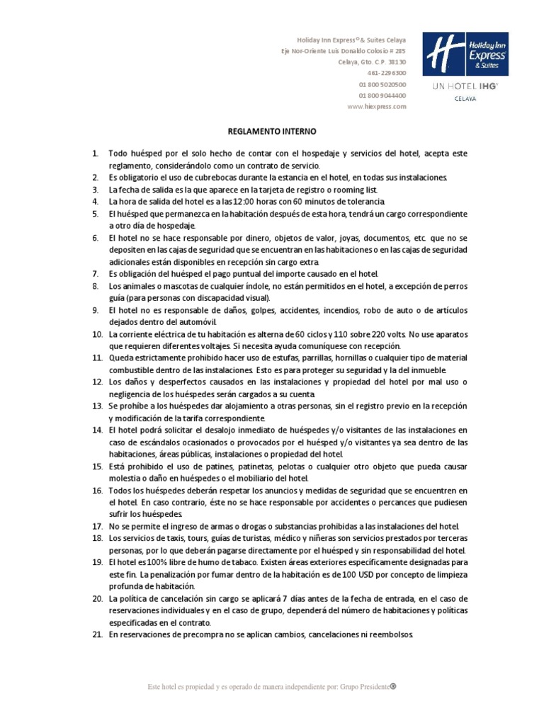 Reglamento Interno 2021 | PDF | Hotel
