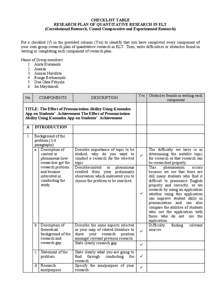 Checklist Table ResearchPlan Causal Comparative GROUP 1 | PDF ...