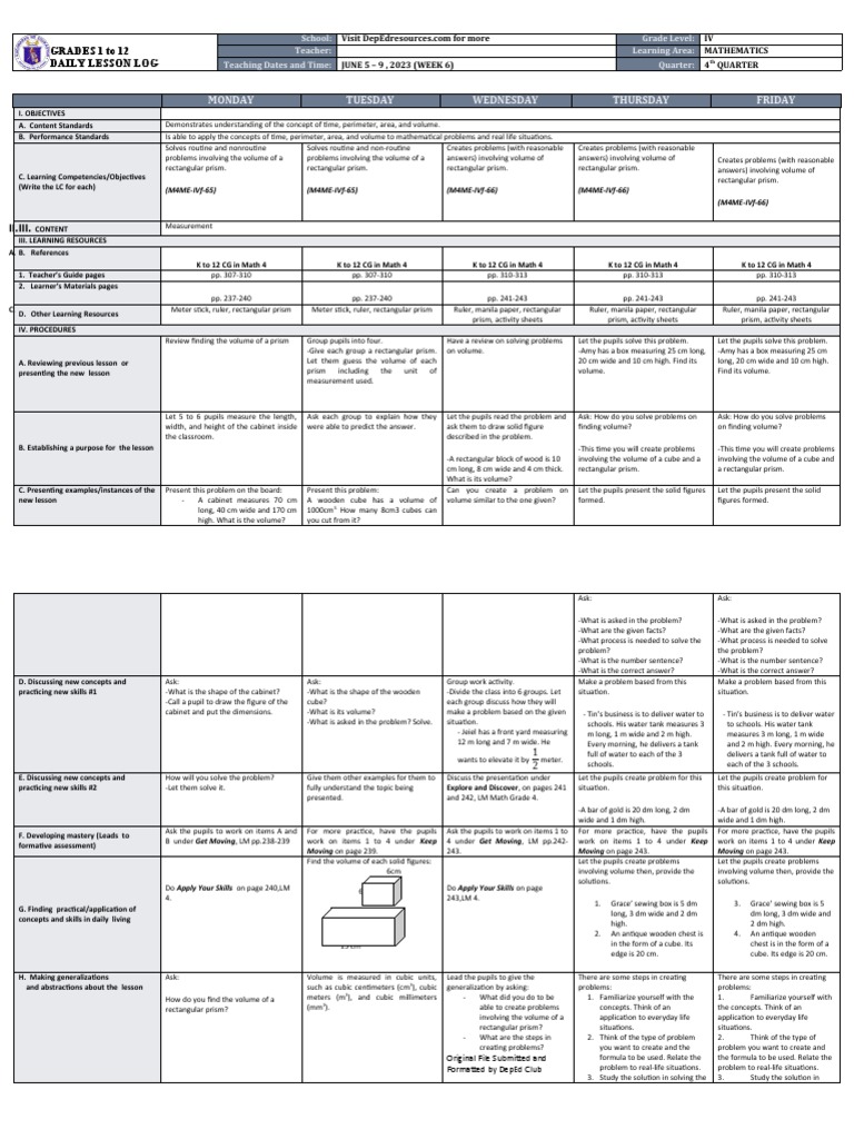 DLL - Mathematics 4 - Q4 - W6 | PDF | Volume | Mathematics