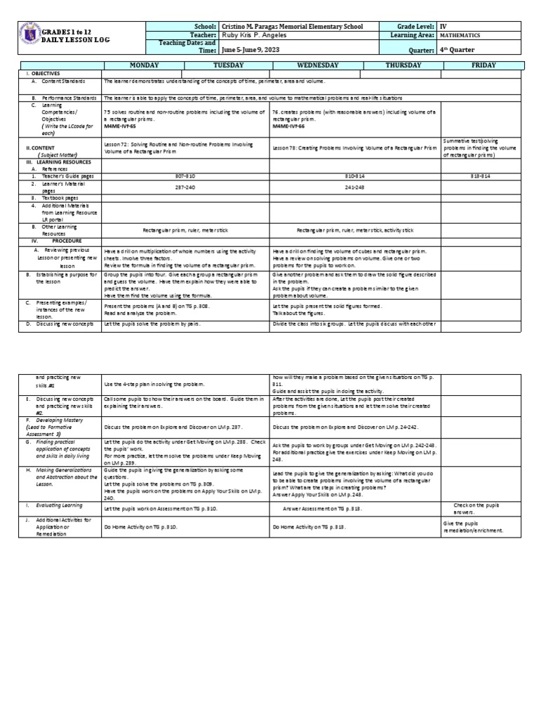Grade 4 DLL MATH 4 Q4 Week 6 | PDF | Learning | Cognition
