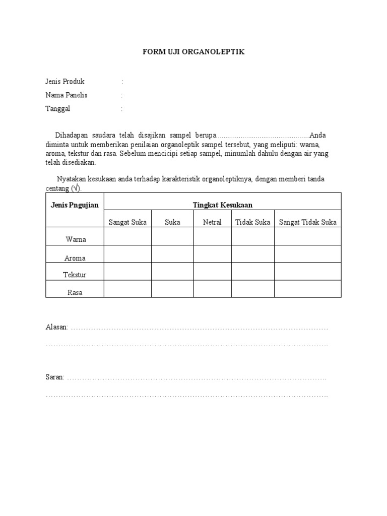Form Uji Organoleptik (Kelompok 5) | PDF