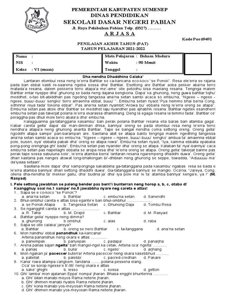 Soal Pat B. Madura KLS 6 | PDF