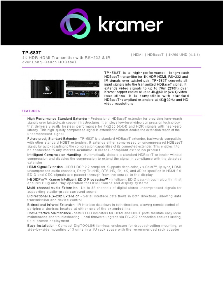 KRAMER TP-583T Datasheet | PDF | Hdmi | Data Compression