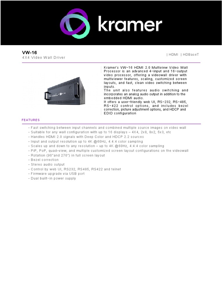 KRAMER VW-16 Datasheet | Download Free PDF | Hdmi | Electronic Engineering