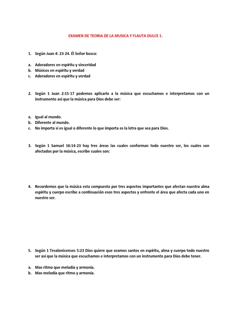 Examen de Teoria de La Musica y Flauta Dulce 1. | PDF | Artes del ...