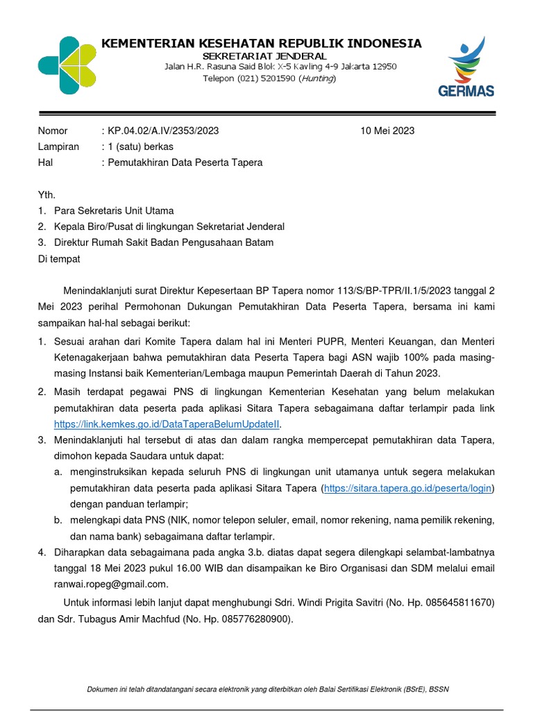 Surat Update Tapera Mei 2023 | PDF