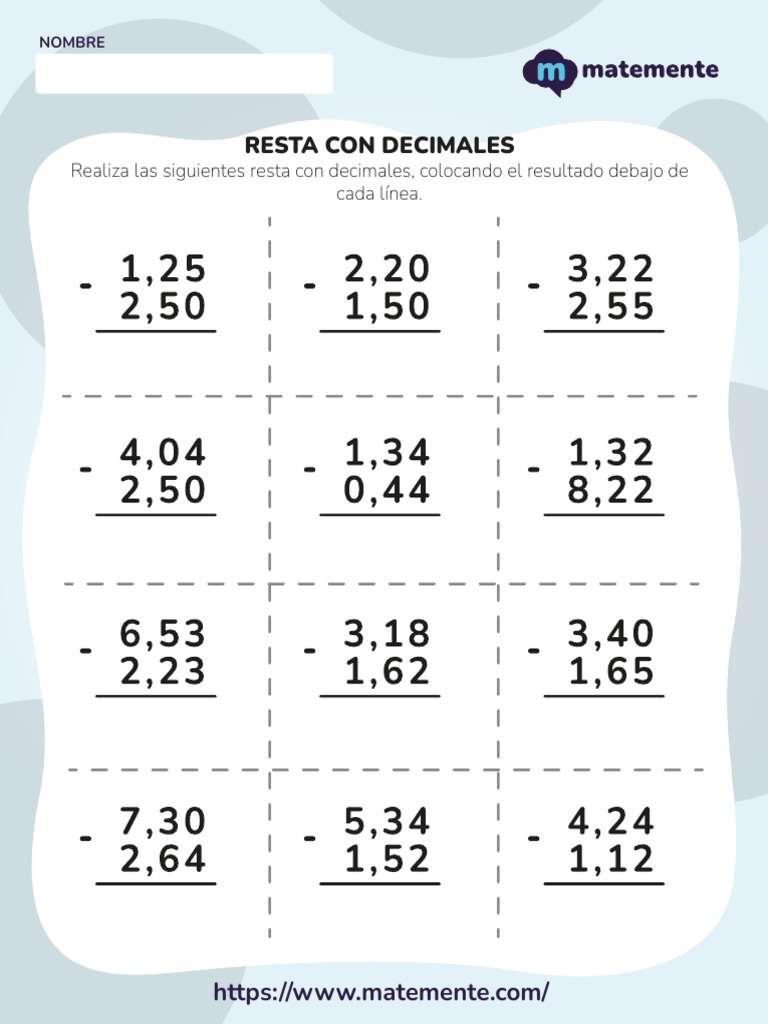 Hoja De Trabajo Para Restar Decimales