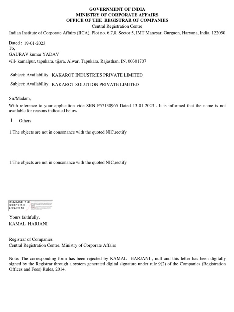 Name Availability Rejection Notice | PDF