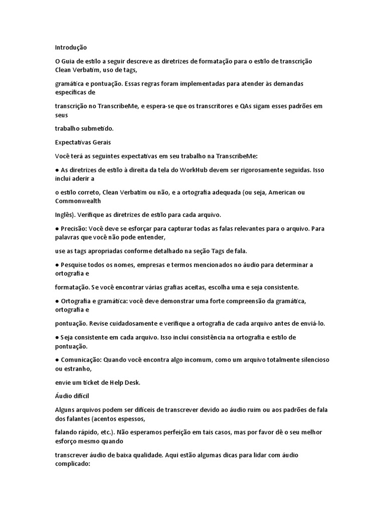 Guia de Estilo Clean Verbatim TranscribeMe | PDF | Decimal | Pensamento