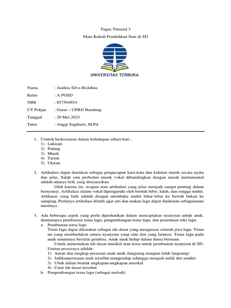 Audina Silva Rislahna - Tugas Tutorial 3 Pendidikan Seni Di SD | PDF