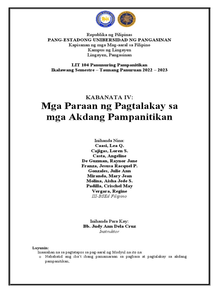 Kabanata IV. Mga Paraan NG Pagtalakay NG Akdang Pampanitikan | PDF