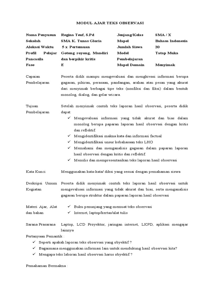 Modul Ajar Teks Observasi 1 | PDF | Seni & Disiplin Bahasa | Sains & Matematika