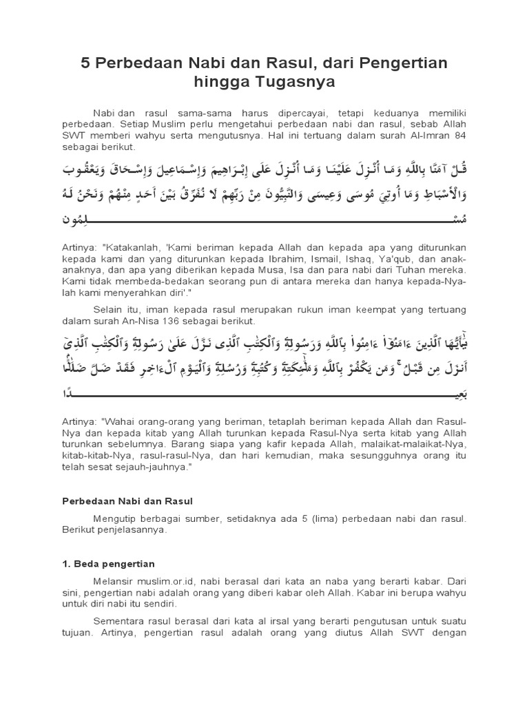 5 Perbedaan Nabi Dan Rasul Catatan Kelas 5 | PDF
