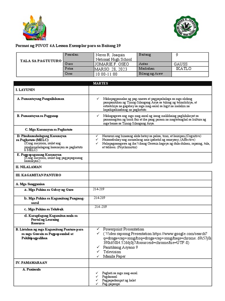 Lesson-Exemplar Filipino 9 | PDF