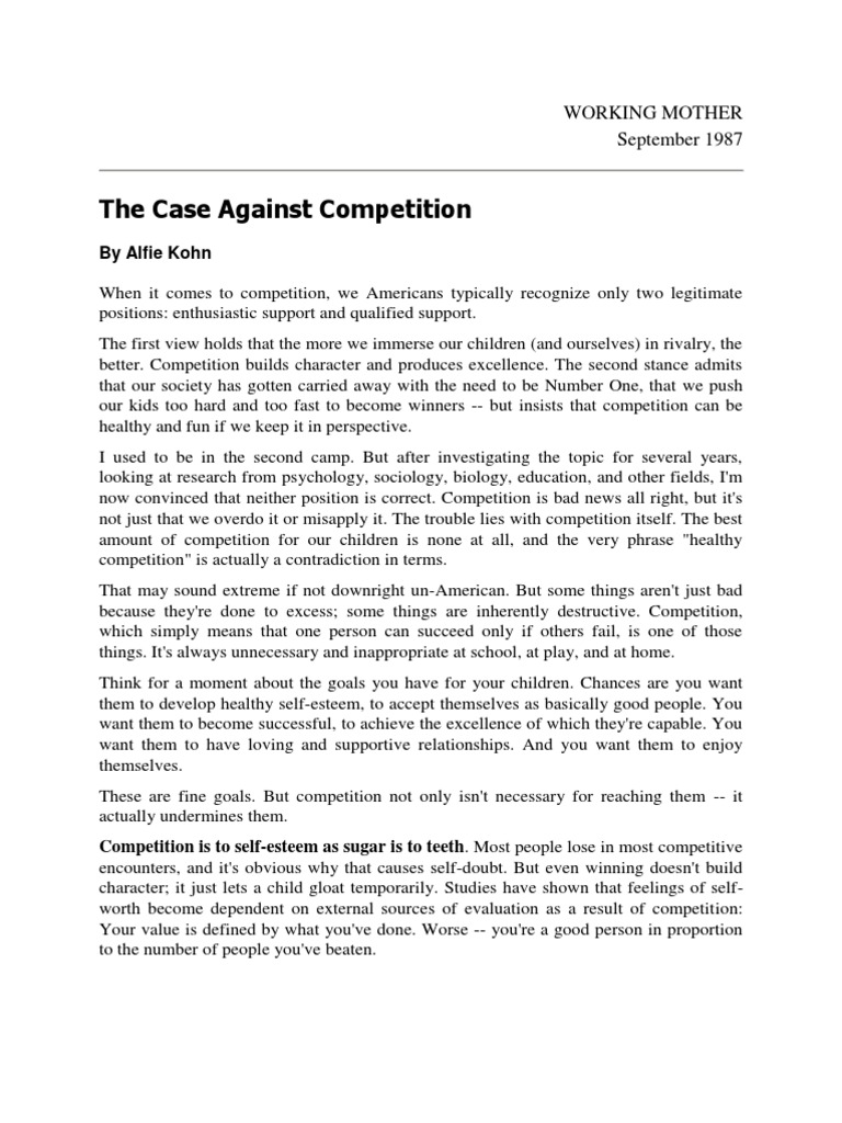 Case Against Competition A Kohn Pdf Competition Self Esteem