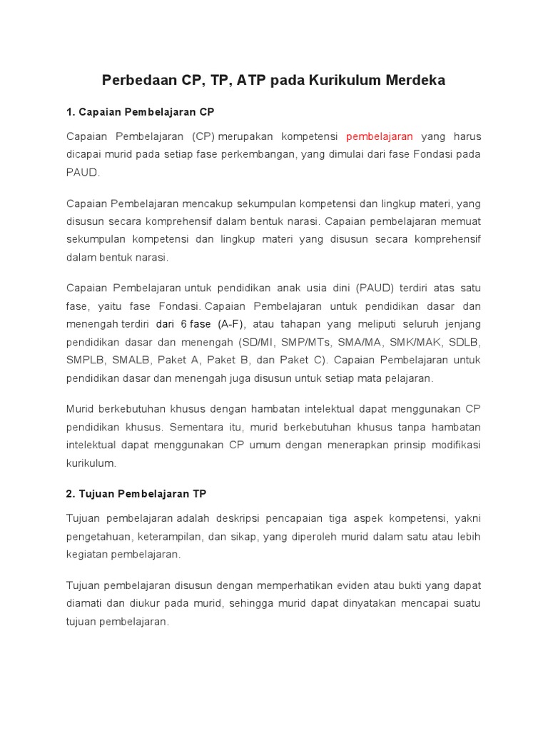 Perbedaan CP, TP, dan ATP Kurikulum Merdeka | PDF | Karier & Perkembangan