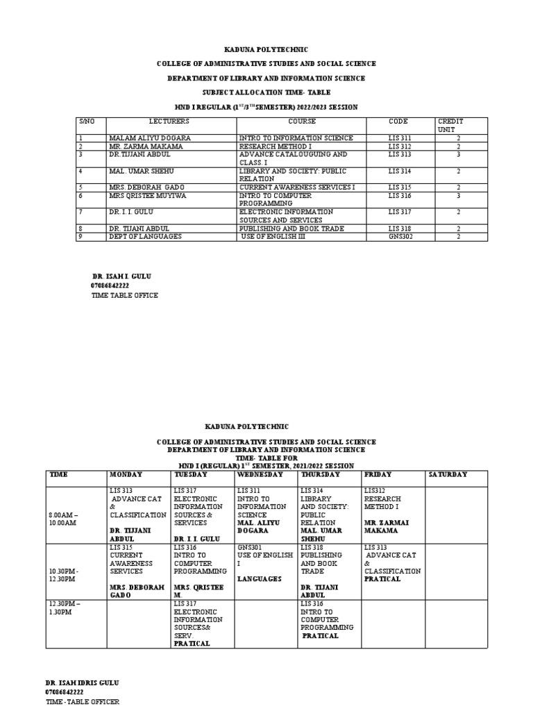 HND TIME TABLE REGULAR | PDF