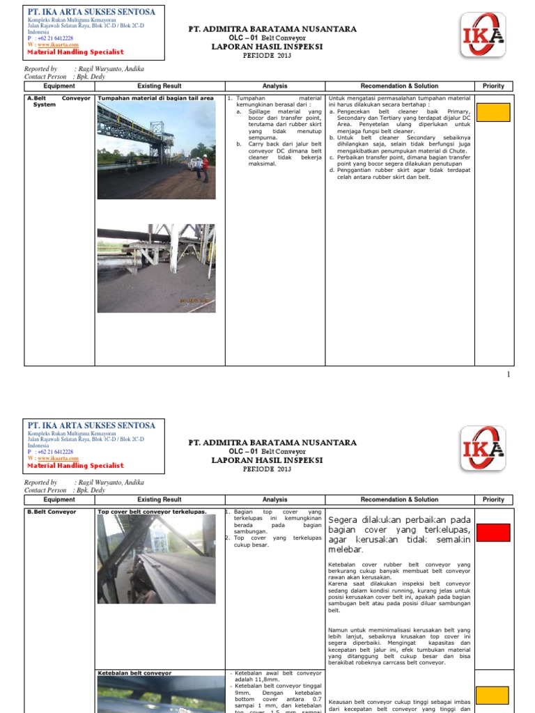 2013 11 26 Laporan Hasil Inspeksi Belt Conveyor OLC 01 PT ABN | PDF