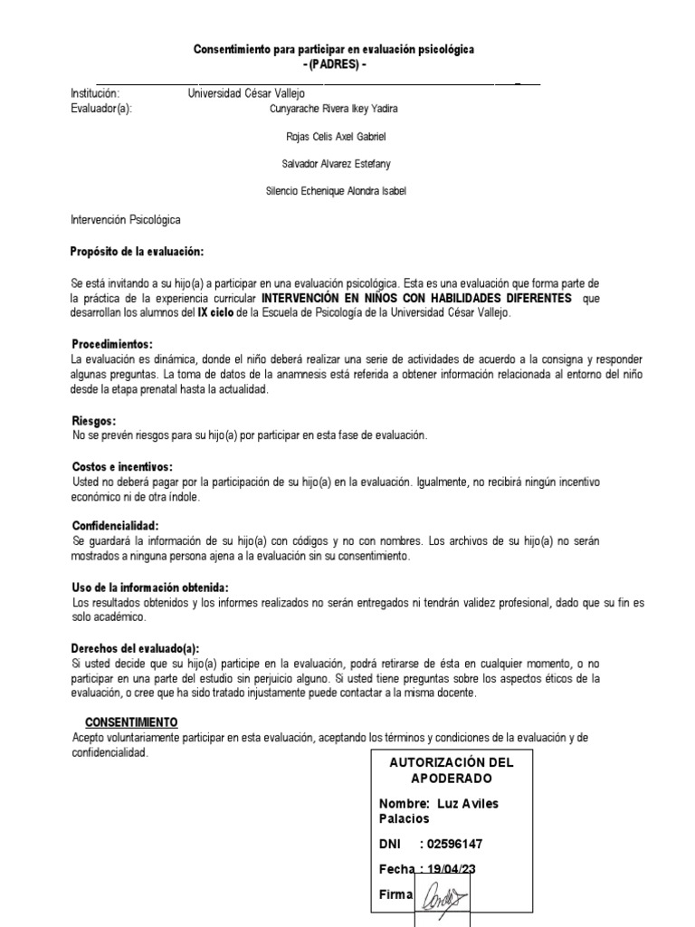 Consentimiento para Niños | PDF | Evaluación