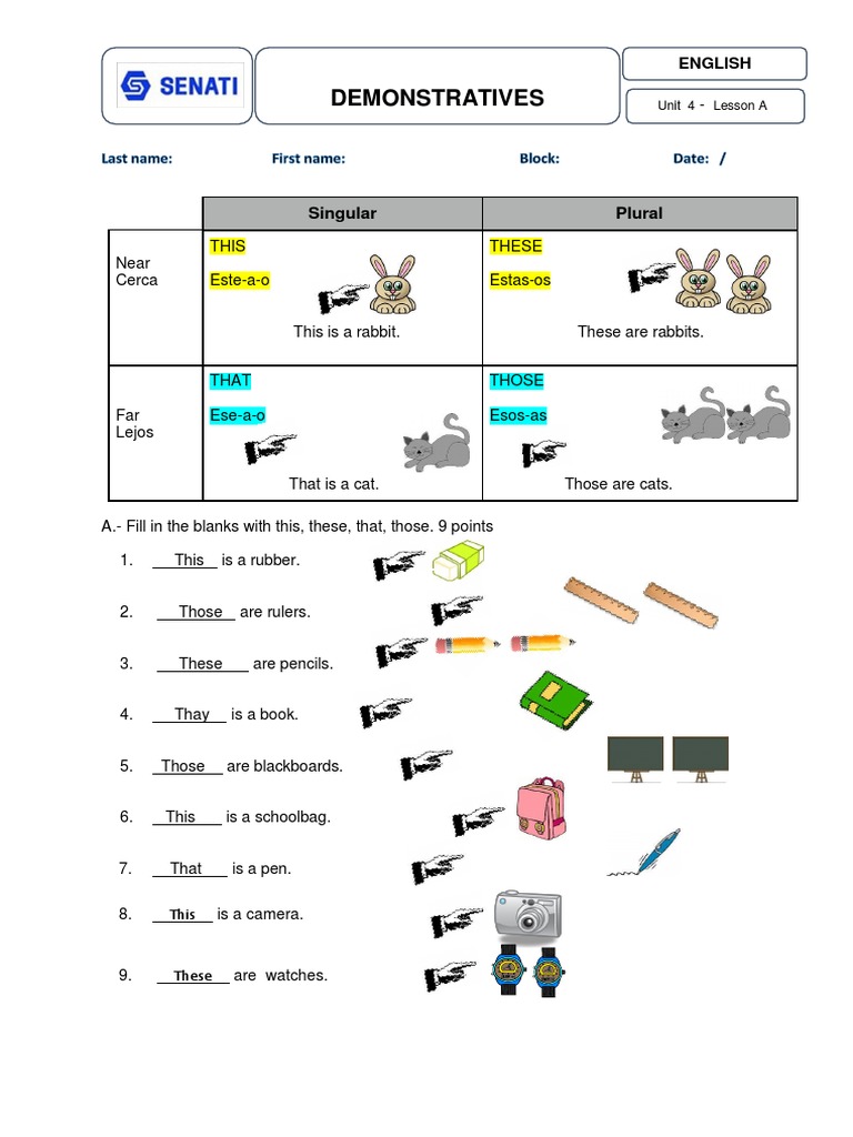 4 - A Demonstratives Worksheet | PDF