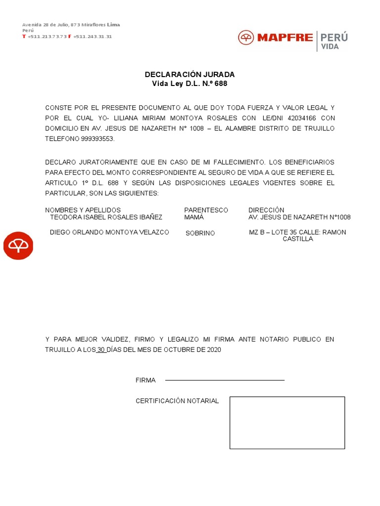 Declaracin Jurada de Beneficiarios Vida Ley - Mapfre1 | PDF