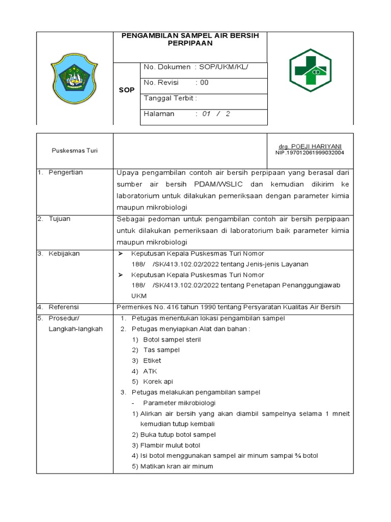 SOP Pengambilan Sampel Air Bersih Perpipaan TURI-FIX | PDF | Griya & Taman | Sains & Matematika