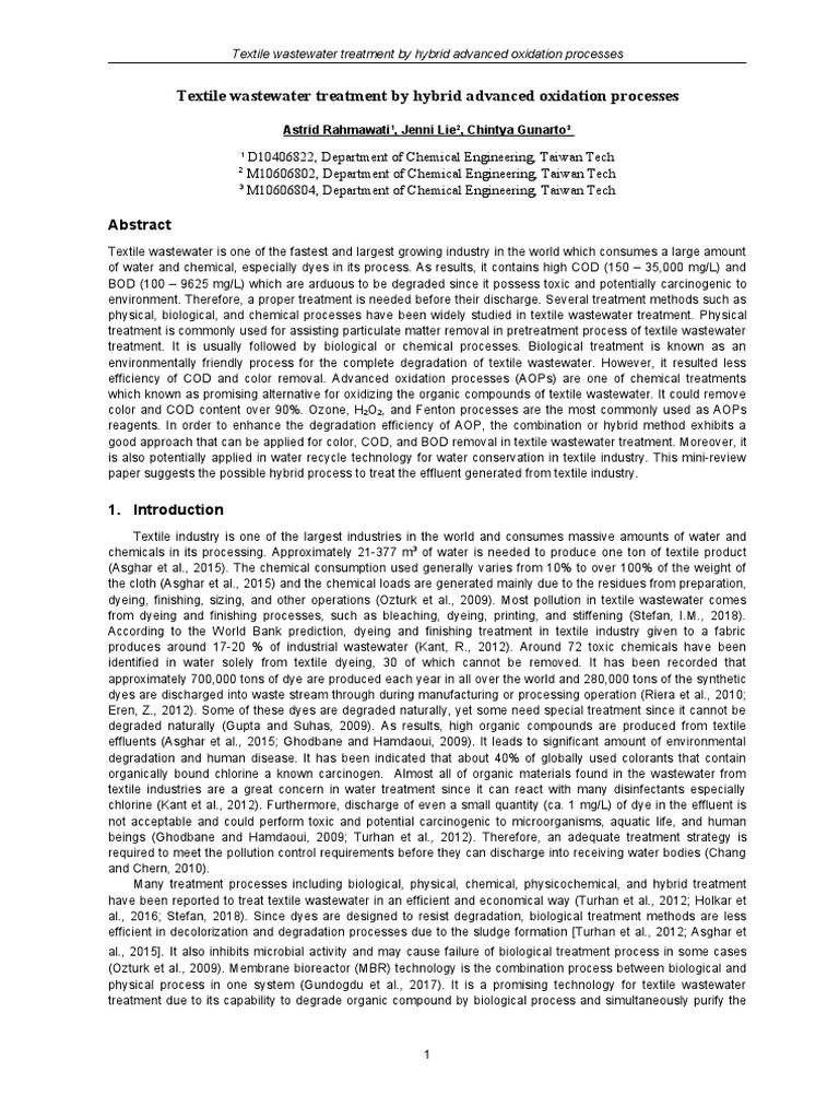 Textile Wastewater Treatment by Hybrid Advanced Oxidation Processes ...