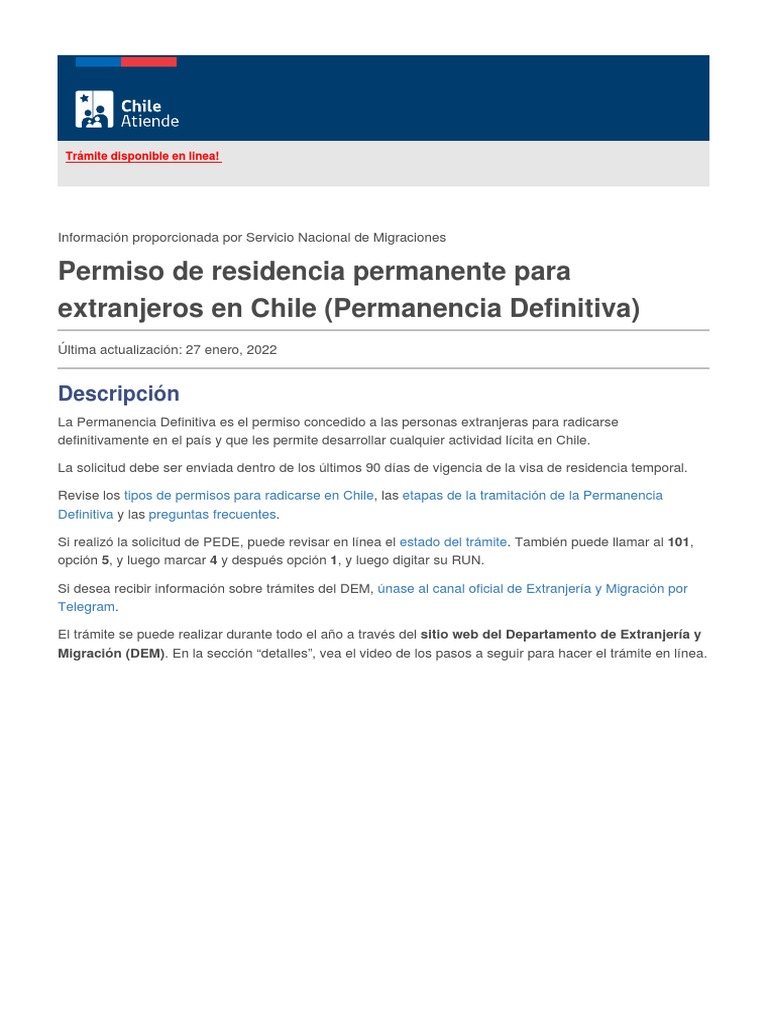 Permiso de Residencia Permanente para Extranjeros en Chile (Permanencia ...