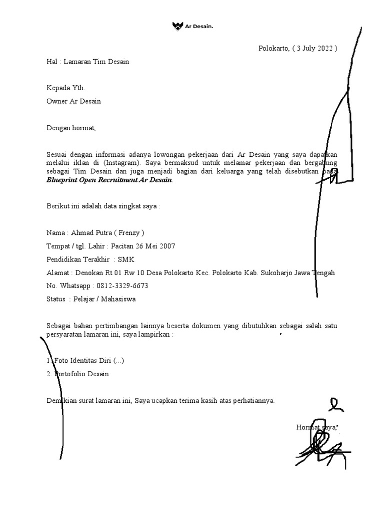 Surat Lamaran Tim Desain Frenzy Design | PDF