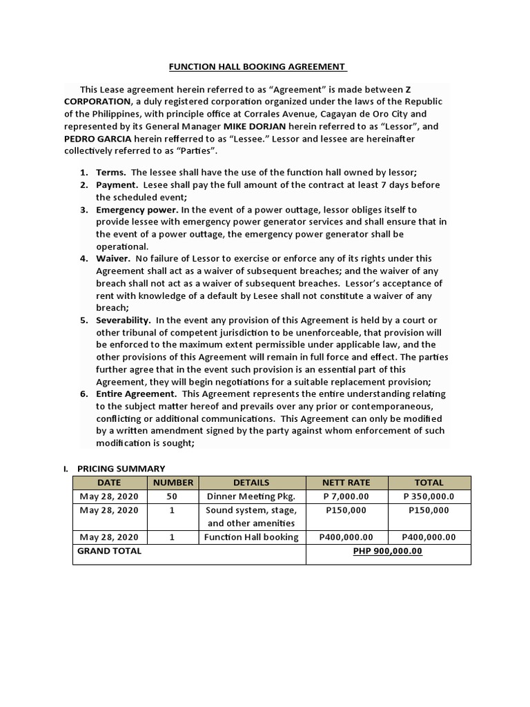 Function Hall Booking Agreement | PDF | Lease | Law And Economics