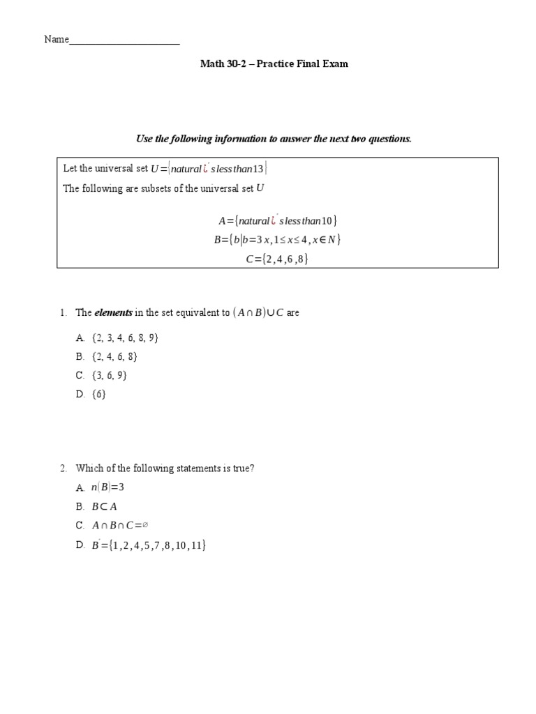 Math 30-2 Practice Final Exam - 1 - Revised | PDF