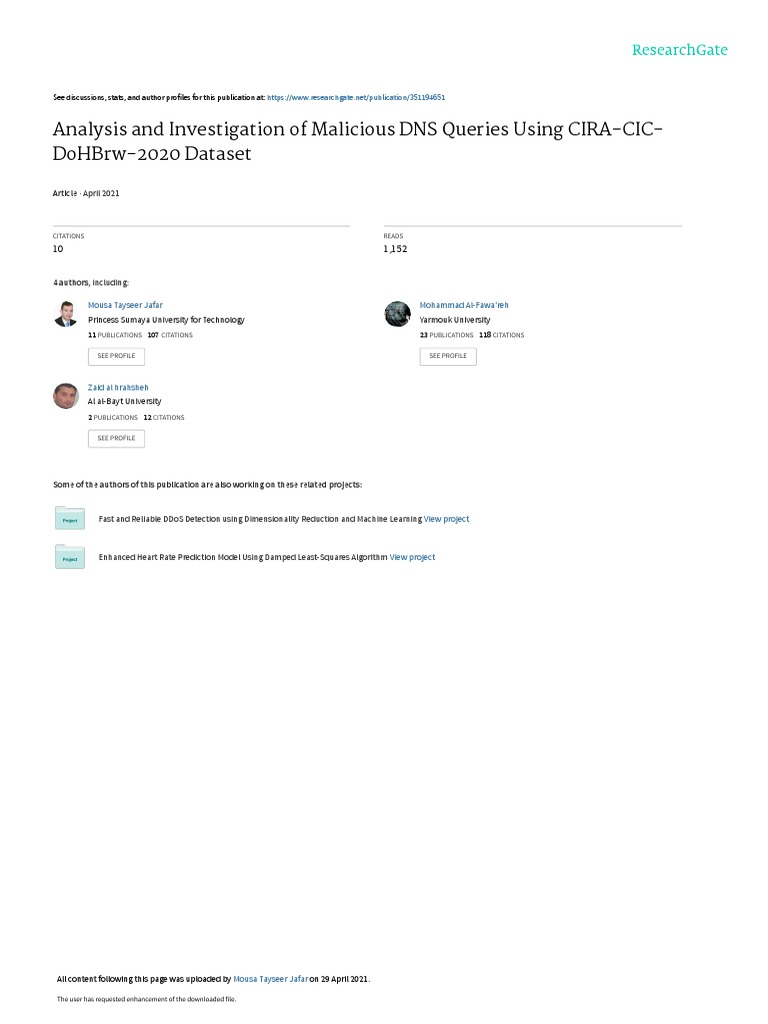 AnalysisAndInvestigationOfMaliciousDNSQueriesUsingCIRA CIC DoHBrw 2020dataset | PDF | Domain ...